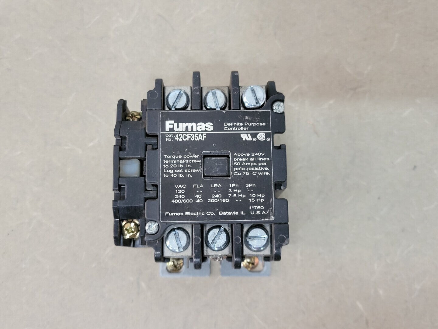 FURNAS 40 Amp, 3 Pole, 110/120 VAC Coil Contactor 42CF35AF w/ Auxiliary Contact