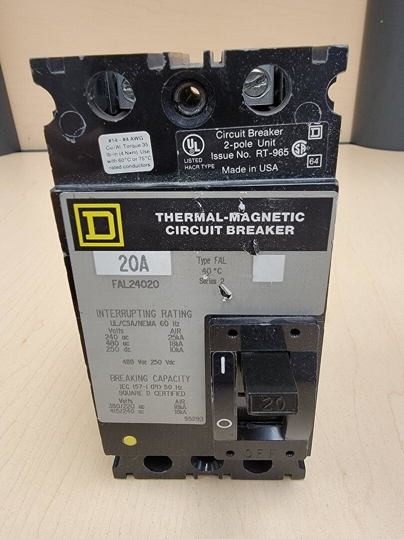 SQUARE D 20 Amp, 2 Pole, 480 Volts Circuit Breaker FAL24020