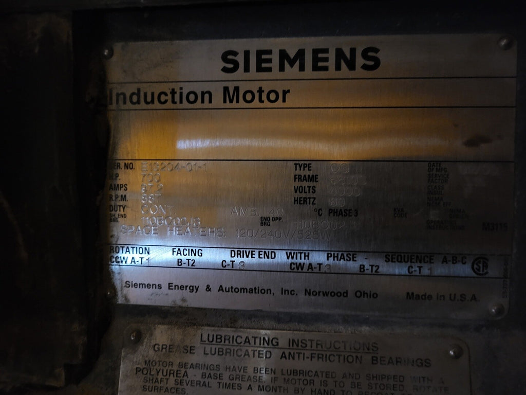 SIEMENS Induced Draft Fan w/ 700hp Induction Motor 4000V, 887RPM, 3Ph ...