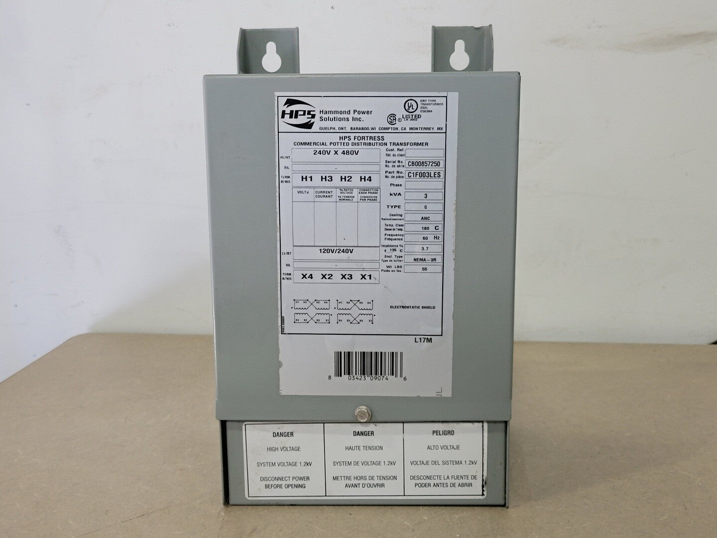HAMMOND POWER SOLUTIONS INC. 3kVA, 240/480 VAC Pri, 120/240V Sec ...