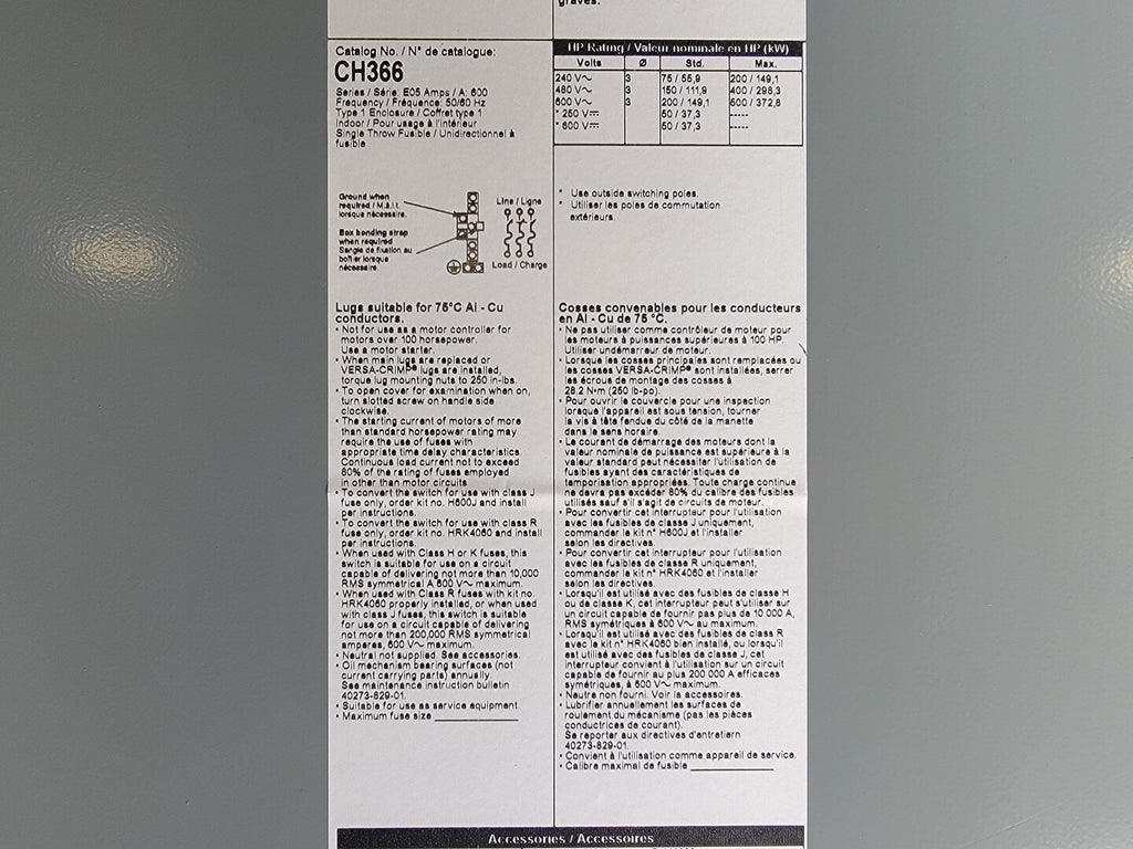 SQUARE D 600 Amp, 600 Volt, 3-Ph Safety Switch CH366