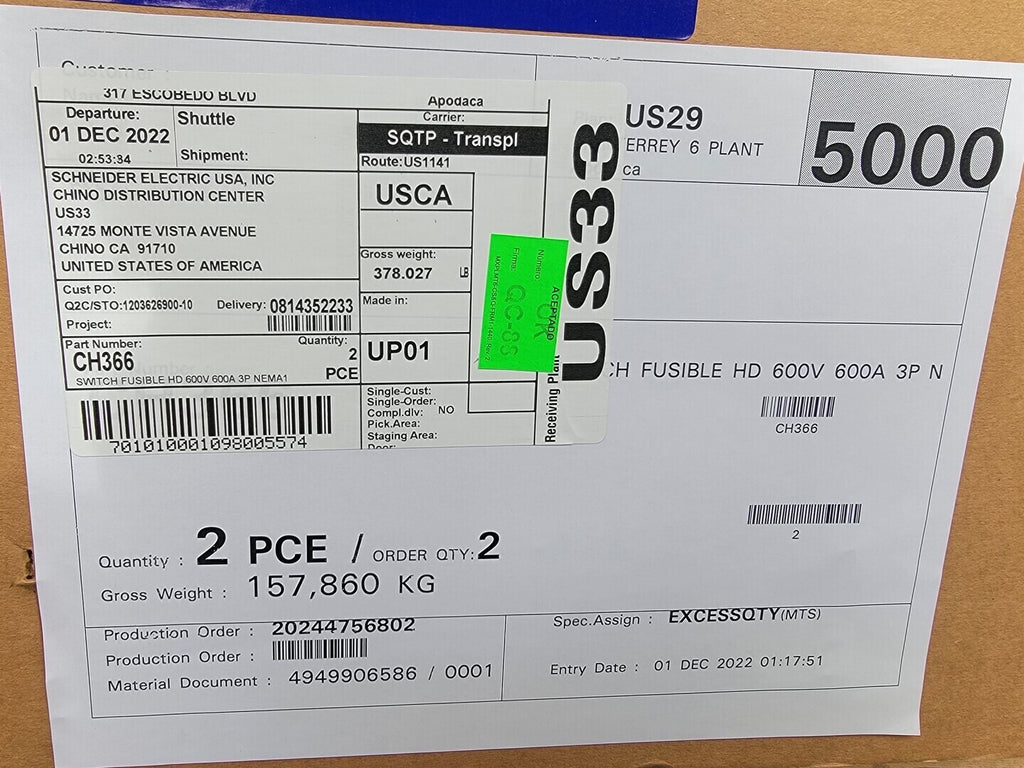 SQUARE D 600 Amp, 600 Volt, 3-Ph Safety Switch CH366