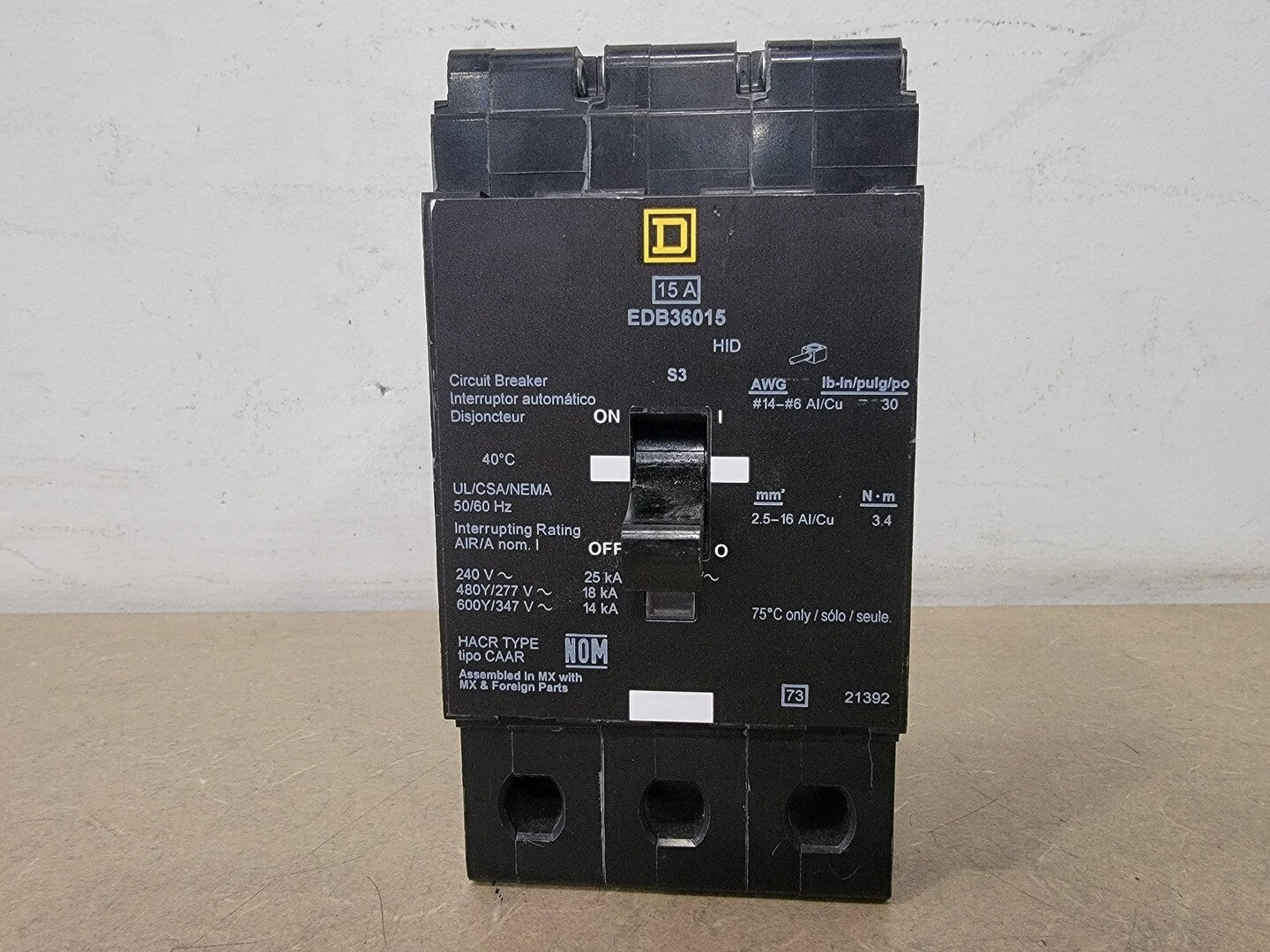 SQUARE D 15 Amp, 3 Pole, 600/347 Volts Circuit Breaker EDB36015