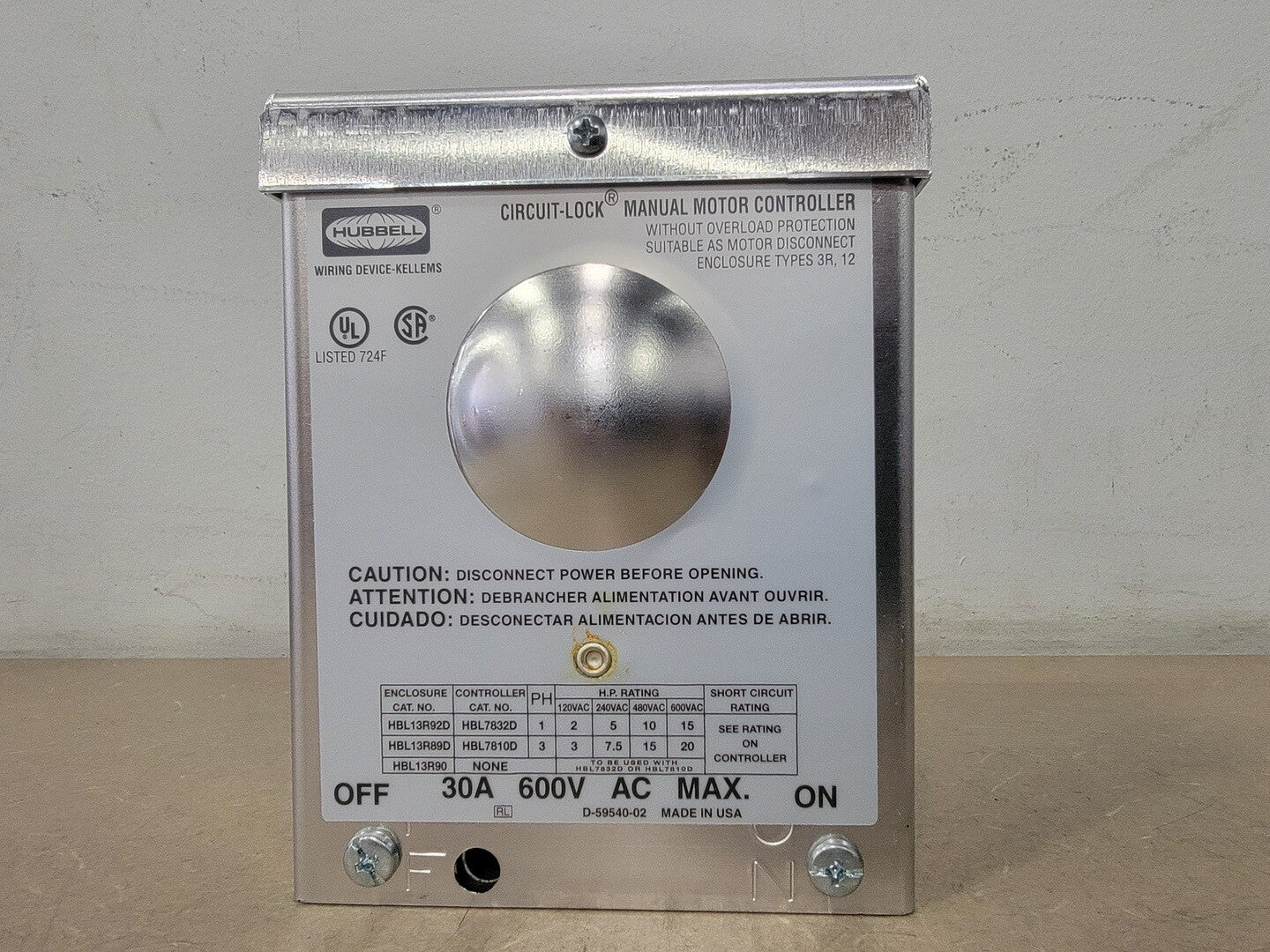 HUBBELL 30 A, 600 VAC, 2 Pole Manual Motor Disconnect HBL13R92D