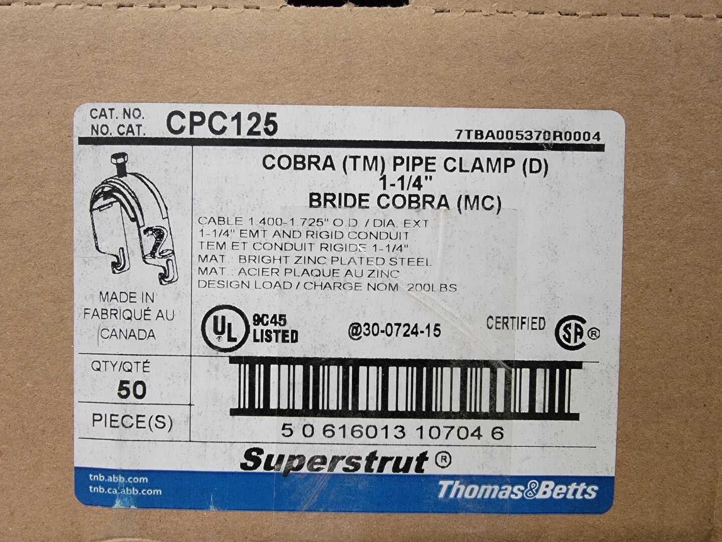 THOMAS & BETTS 1-1/4" EMT/Rigid Cobra Pipe Clamp CPC125 (Box of 50)