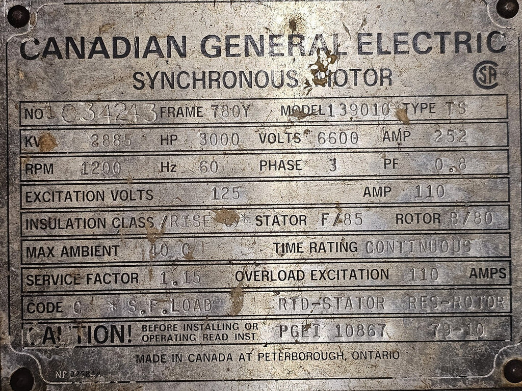 CANADIAN GENERAL ELECTRIC 3000 hp, 6600 volts, 1200 rpm, 780Y frame ...