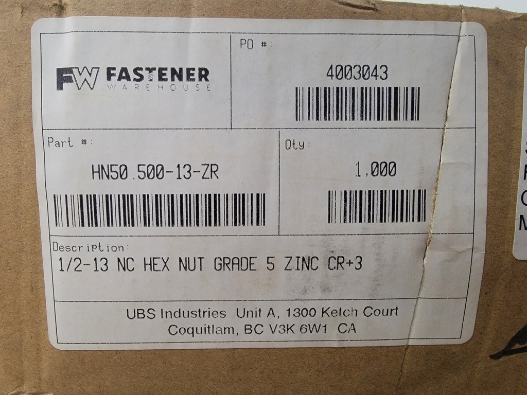 FASTENER WAREHOUSE 1/2"-13 Hex Nut Grade 5 Zinc CR+3, HN50 500-13-ZR ...