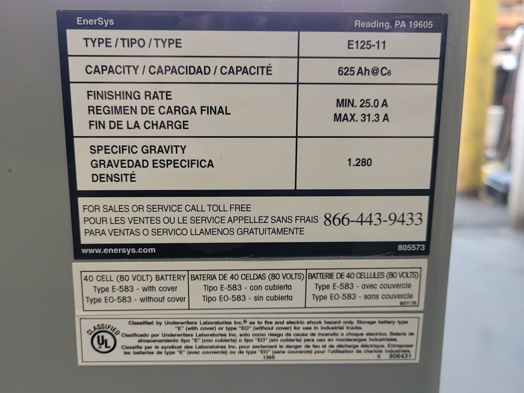 ENERSYS 80 Volt, 31.3 Amp, 625 AH Forklift Battery E125-11 Workhog
