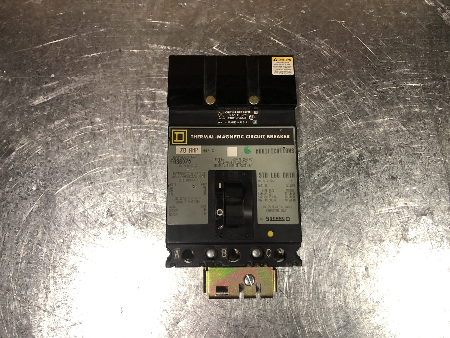 SQUARE D 70 Amp, 3 Pole, 600 volts Circuit Breaker FA36070